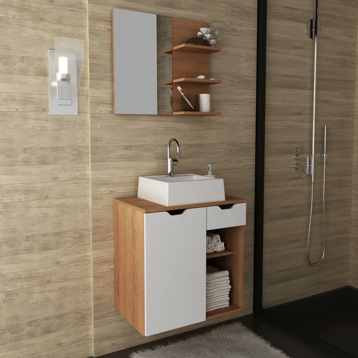 Kit Banheiro com Cuba Gabinete Espelheira Amêndoa | MadeiraMadeira