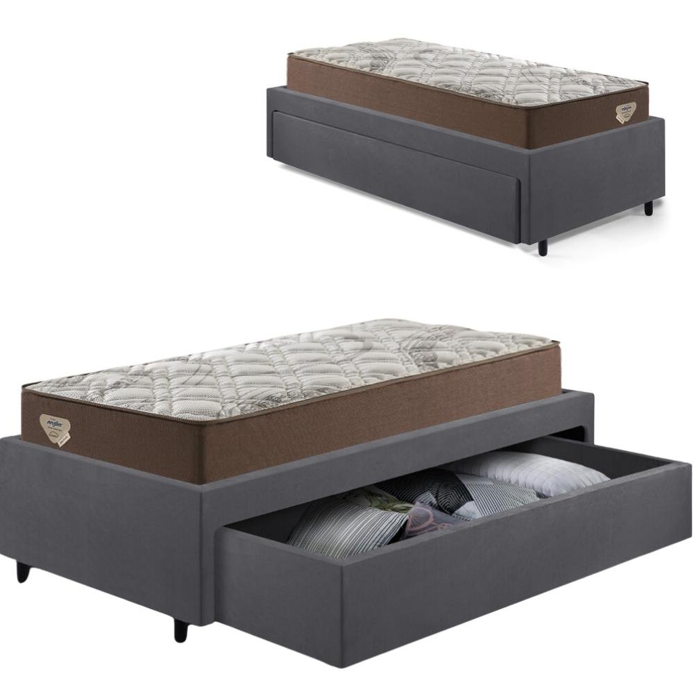 Cama Box Solteirão Suede Cinza com Gaveta e Colchão Relax Adorabile ...