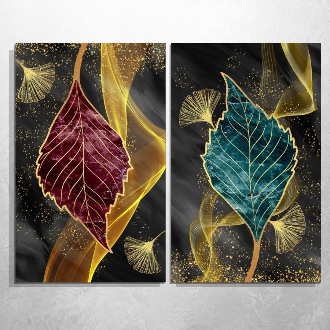 Quadro Decorativo - 2 Telas - Folhas com Fundo Abstrato - 150x95cm ...