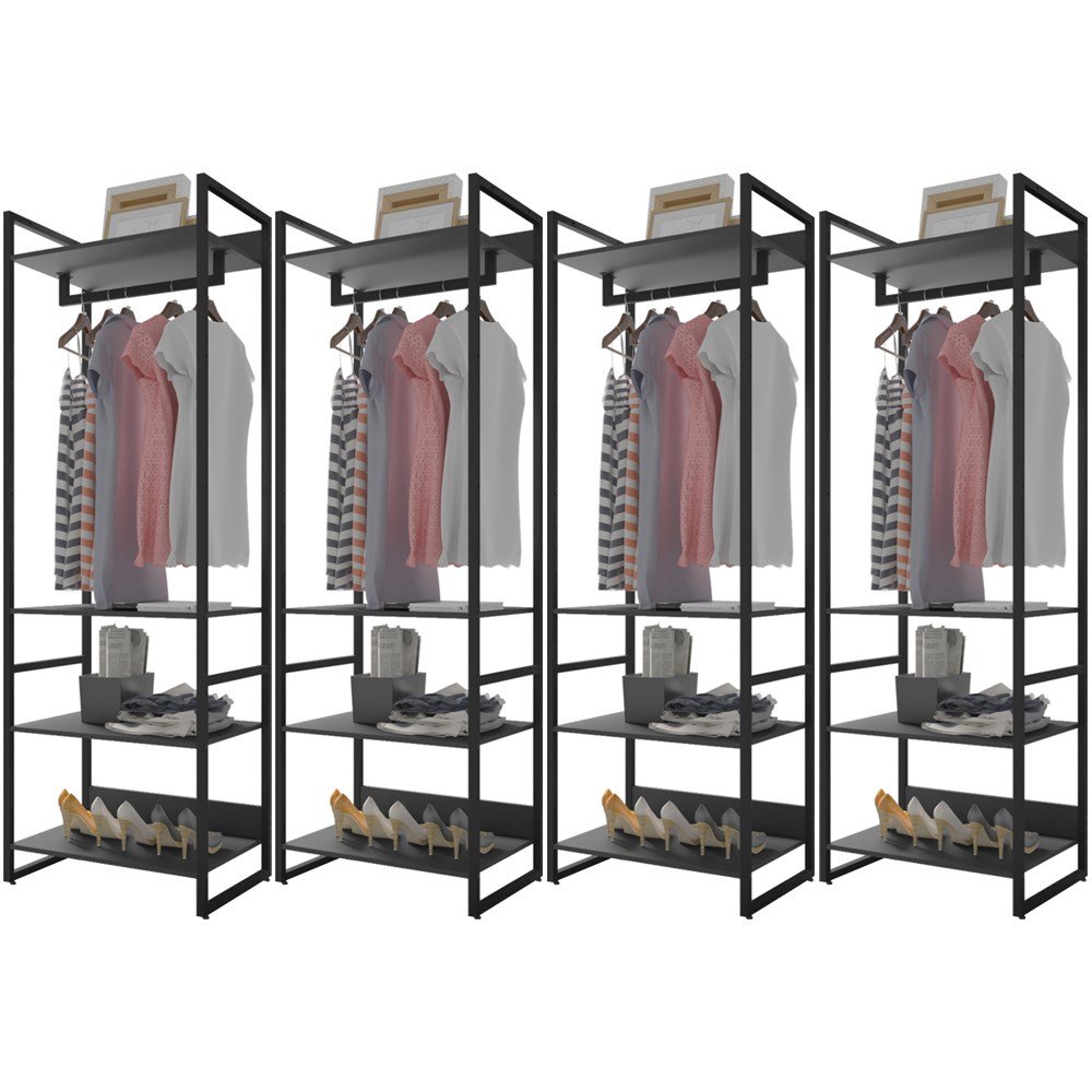 Guarda Roupa Casal Closet 4 Módulos Indy F02 Preto Texturizado ...