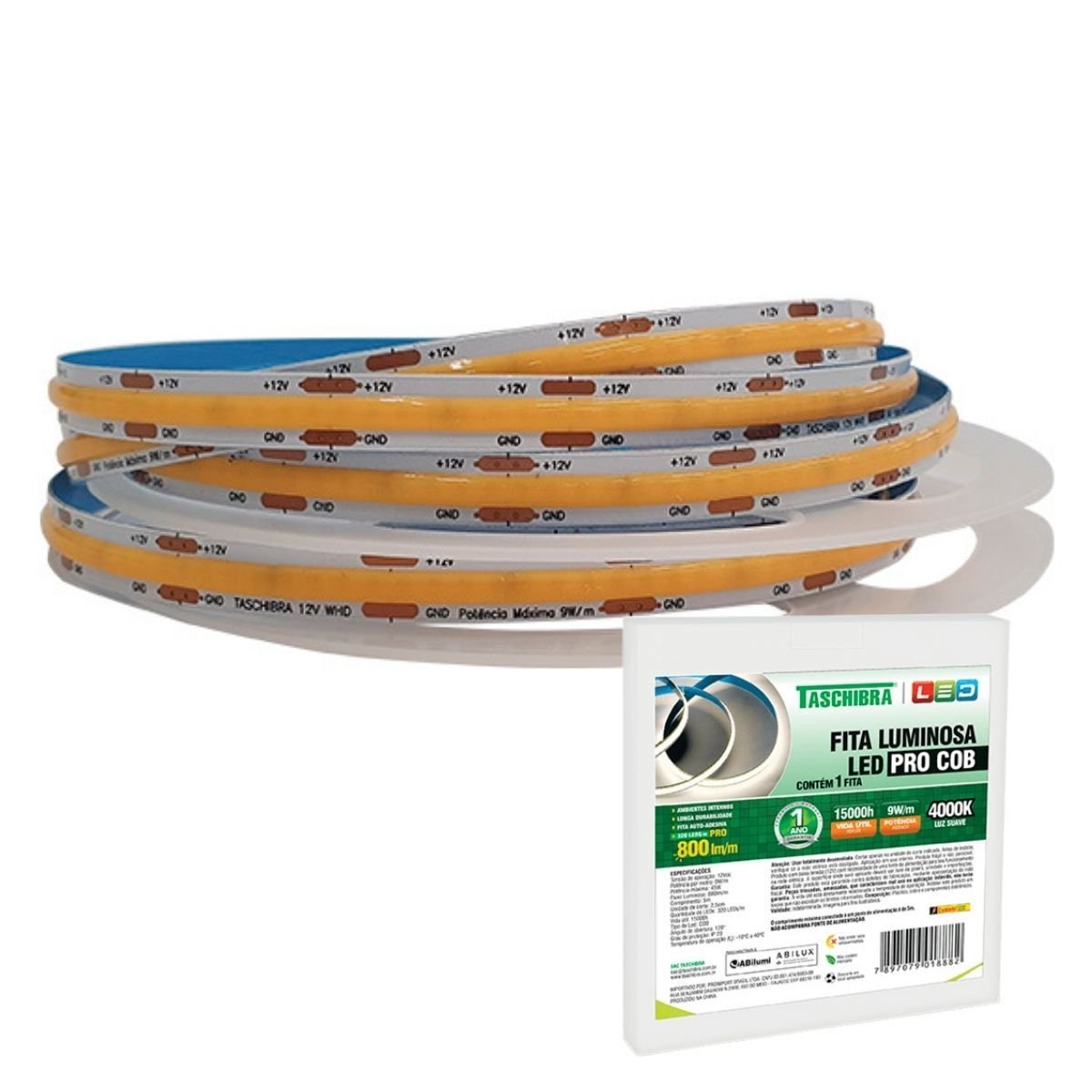 Fita Led Pro Cob 9w Taschibra 320 Leds por Metro 5m 12v Ip20 Luz Neutra | MadeiraMadeira