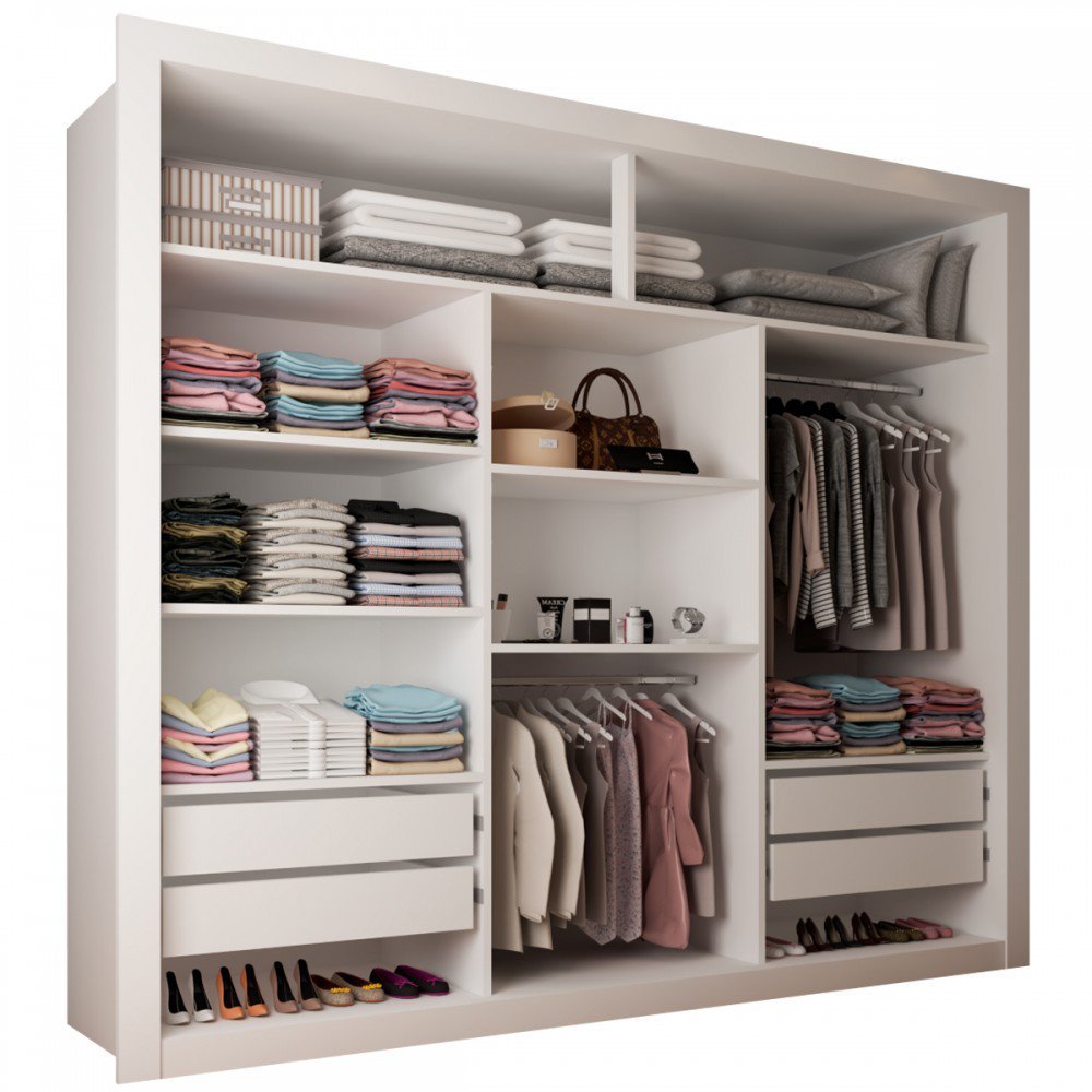 Guarda-Roupa Casal Olivia 3 Portas de Correr 4 Gavetas Espelhado Branco ...