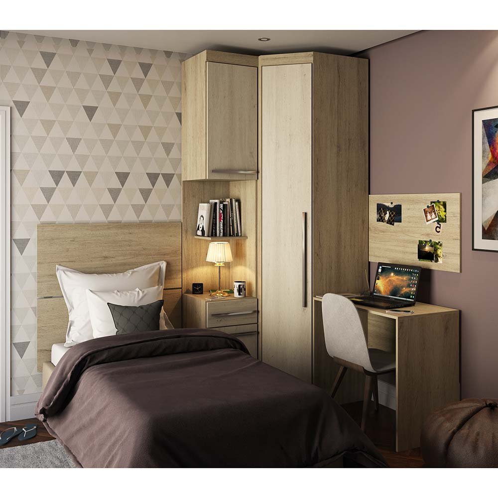 Guarda Roupa de Canto Solteiro 3 Portas 1 Gaveta com Cabeceira e ...