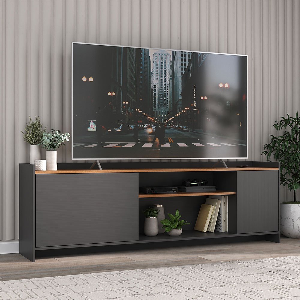 Rack para Tv 60" 2 Portas 2 Nichos Grafite/nogal - Hecol | MadeiraMadeira