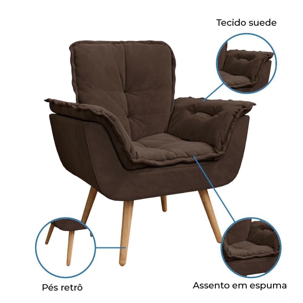 Poltrona Decorativa Luxo Para Sala Recepção Marrom Suede | MadeiraMadeira