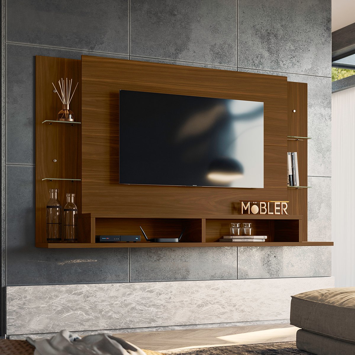 Painel para TV 55 Polegadas 182cm 4 Prateleiras Quebec Freijó - New ...