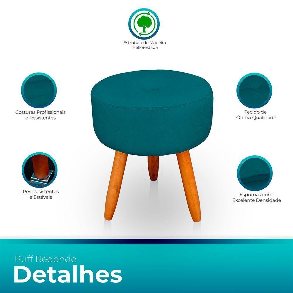 Puff Redondo Com Um Botonê Suede Cor Azul Turquesa | MadeiraMadeira
