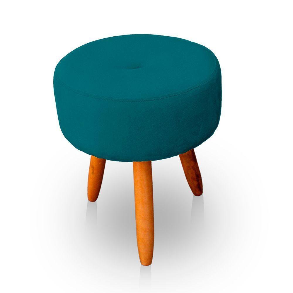 Puff Redondo Com Um Botonê Suede Cor Azul Turquesa | MadeiraMadeira