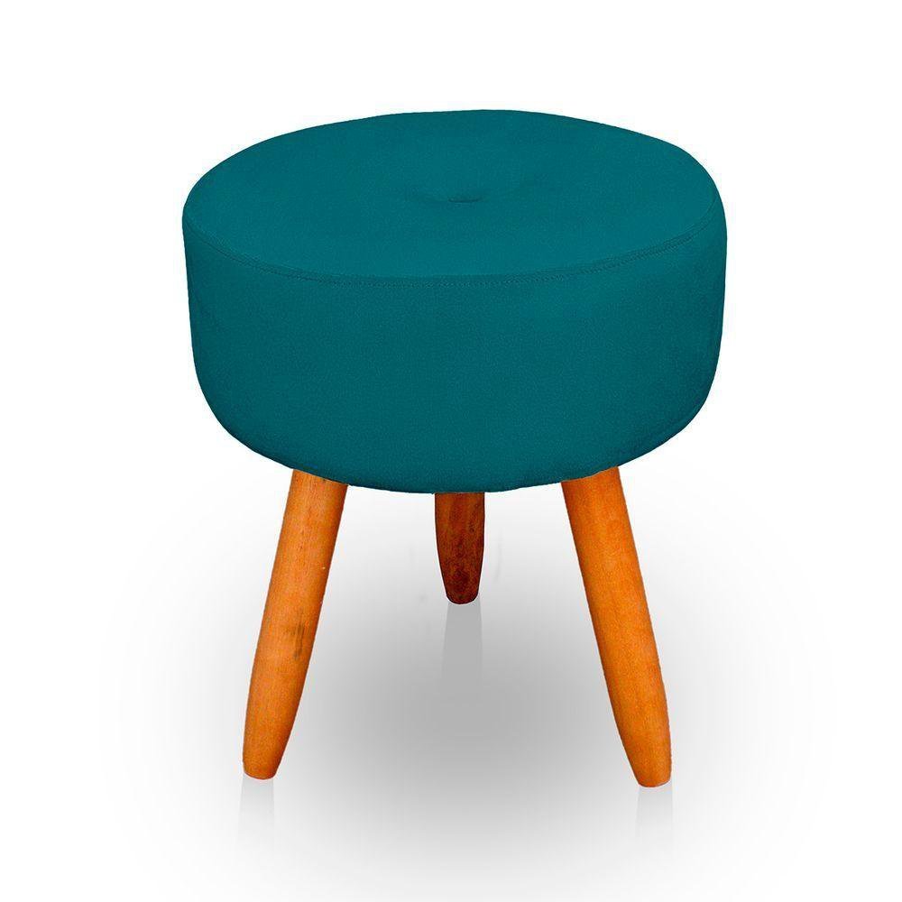 Puff Redondo Com Um Botonê Suede Cor Azul Turquesa | MadeiraMadeira