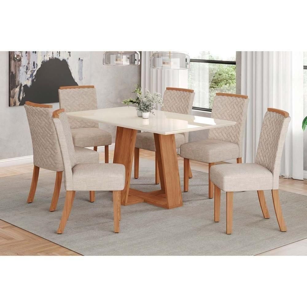 Conjunto Mesa Sala Jantar Lins com Tampo Madeirado com Vidro 160x90cm e ...