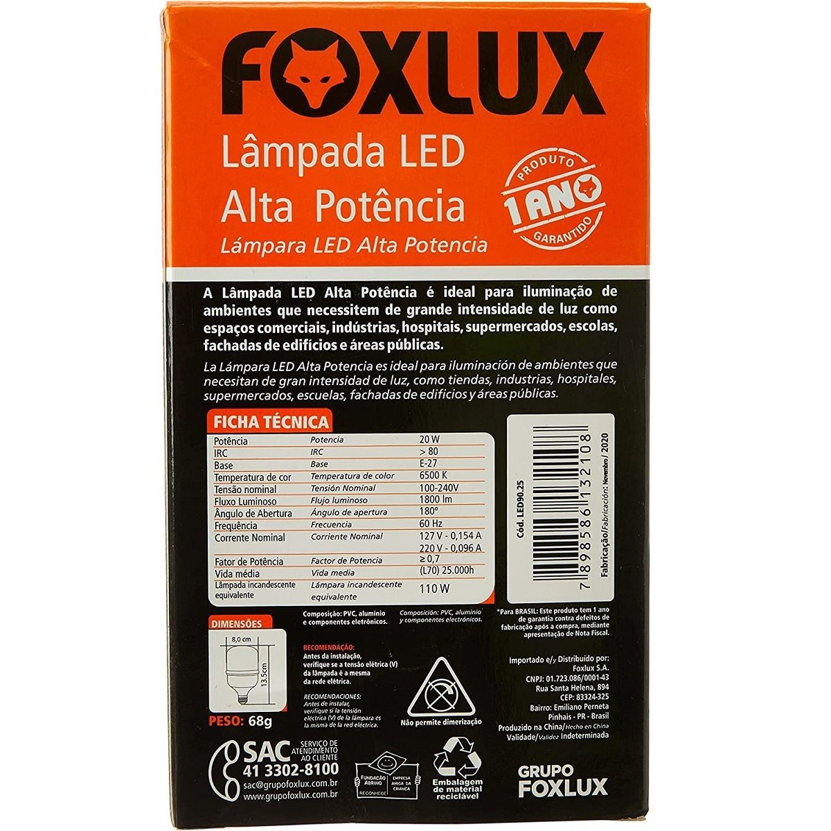 Kit 3 Lâmpada LED 20W Bulbo Alta Potência Bivolt Foxlux | MadeiraMadeira