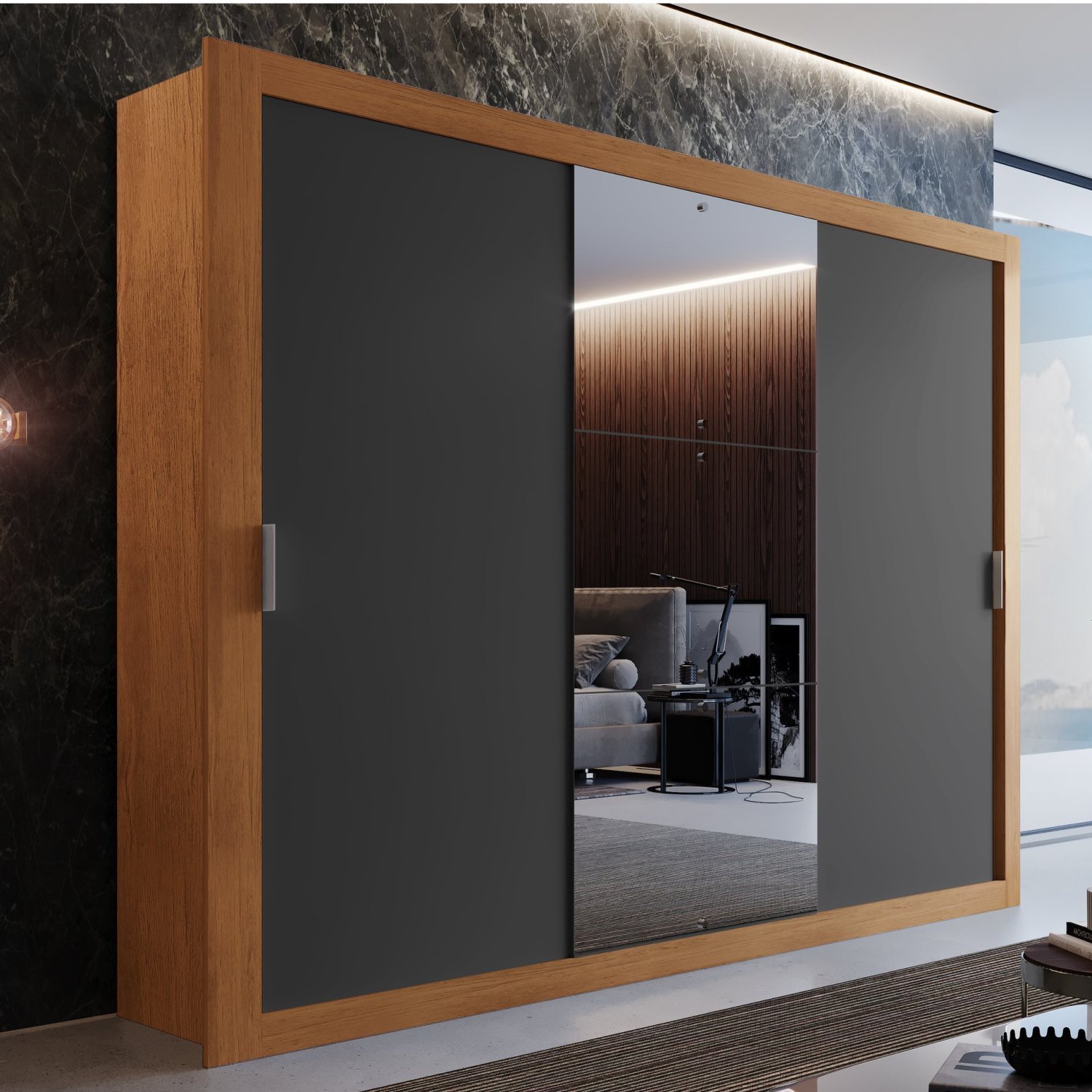 Guarda Roupa Casal com Espelho 3 Portas de Correr 4 Gavetas Luna Rufato ...