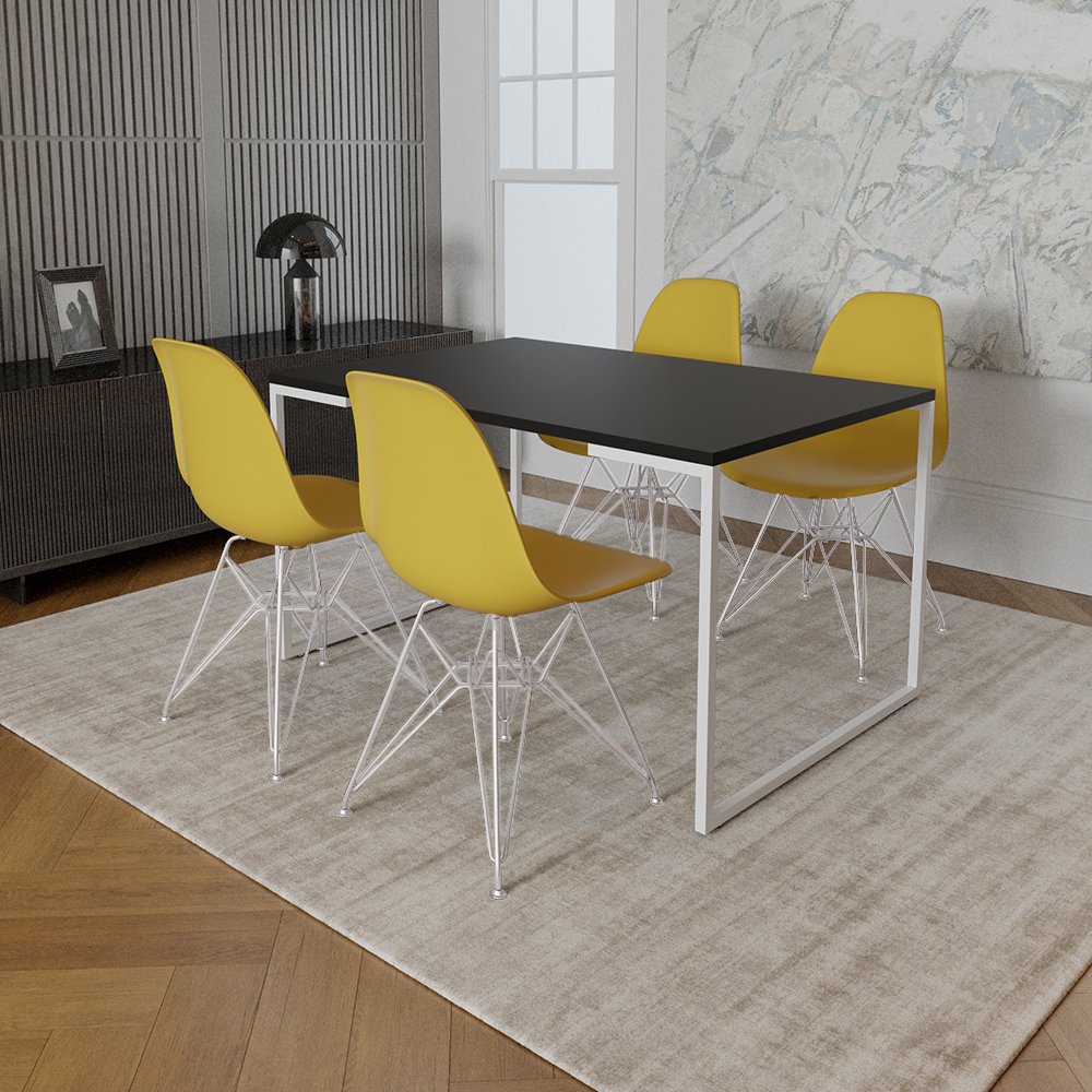 Mesa Industrial Base Ferro Branco 137x90 Tampo Preto 4 Cadeiras Eiffel ...