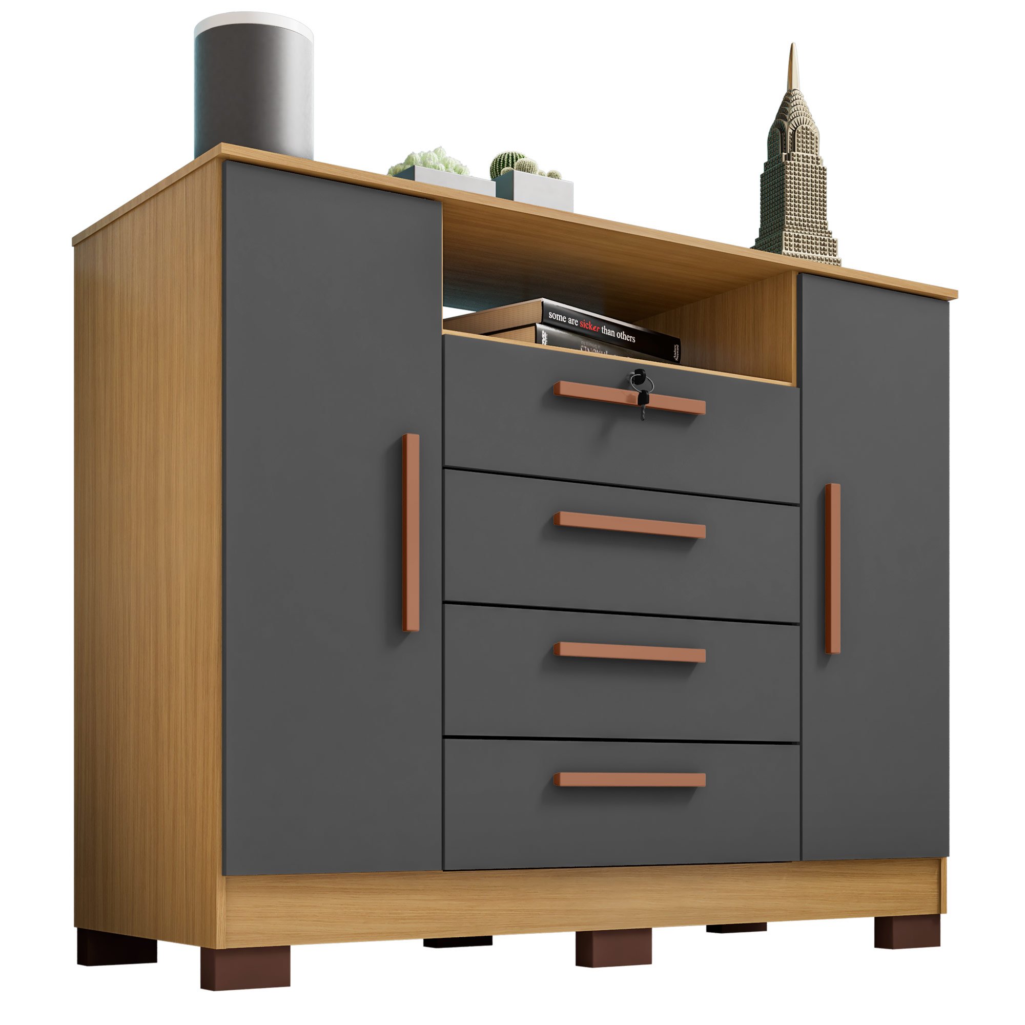 Cômoda Rack 2 Portas e 4 Gavetas Madri Carvalho Americano/grafite ...