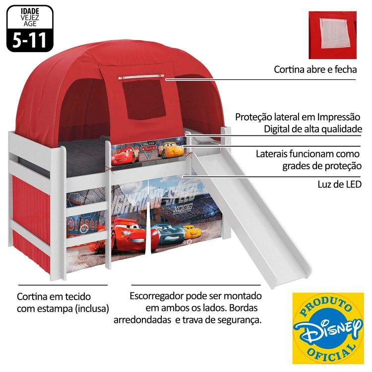 Cama Carros Disney Play com Luz de Led Escada Escorregador Cortina e ...