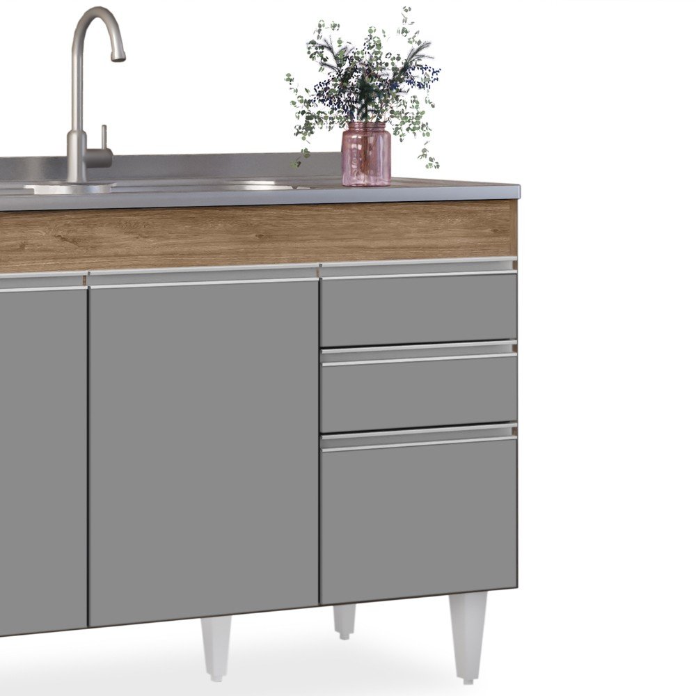 Balcão Gabinete 120cm 3 Portas 2 Gavetas Michigan Castanho/Cinza - Lumil Móveis | MadeiraMadeira