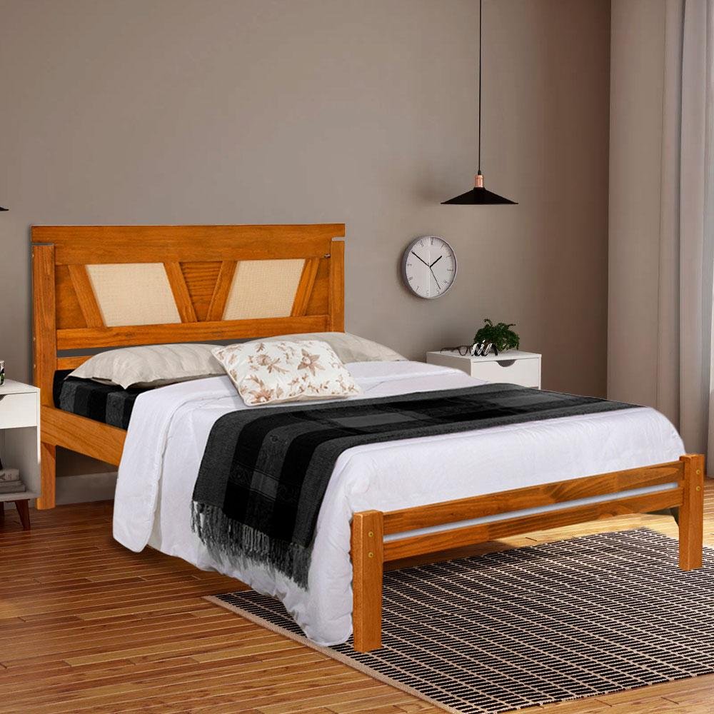 Cama de Madeira Maciça com Ratan Casal Imbuia Eson Jm Móveis ...