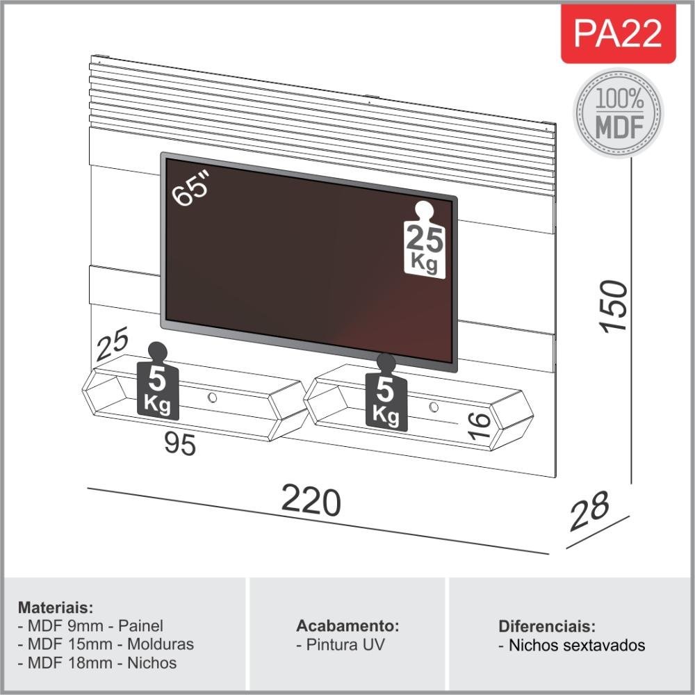 Painel Home Theater 220cm x 150cm 75 Polegadas 100% Mdf Cor:Off White com Freijó | MadeiraMadeira