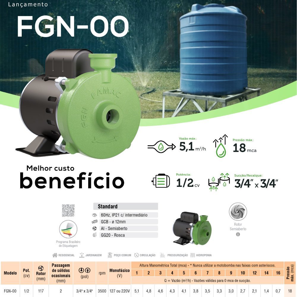 Motobomba Centrífuga Famac Fgn-00 1/2cv 3/4" X 3/4" 117mm 3500rpm Monof ...