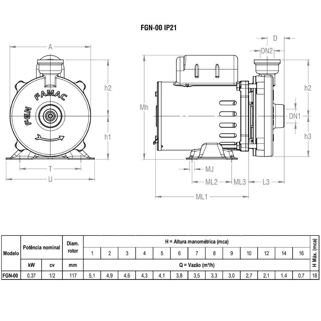 Motobomba Centrífuga Famac Fgn-00 1/2cv 3/4" X 3/4" 117mm 3500rpm Monof ...