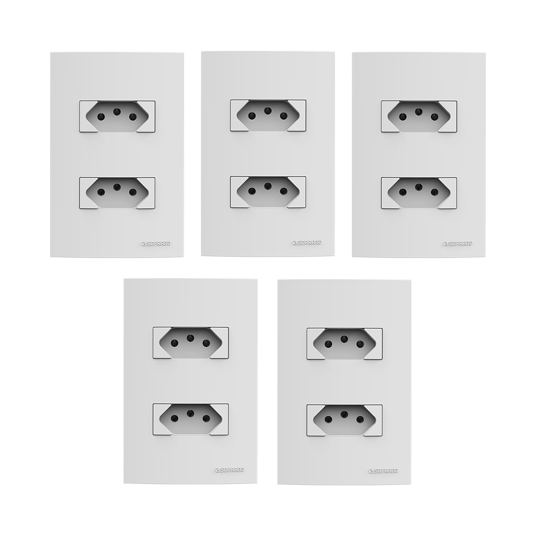 Kit 5 Conjunto 4x2 2 Tomadas 2p+t Soprano Atria 10a 250v Cj 2 Tom 2p+t 10a 250v~ 4x2 Br Atr ...