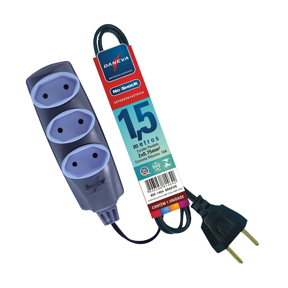 Extensão No Shock Daneva - Cabo Pp Plano 2X0.75Mm 2P 10A/250V Ref.1472 ...