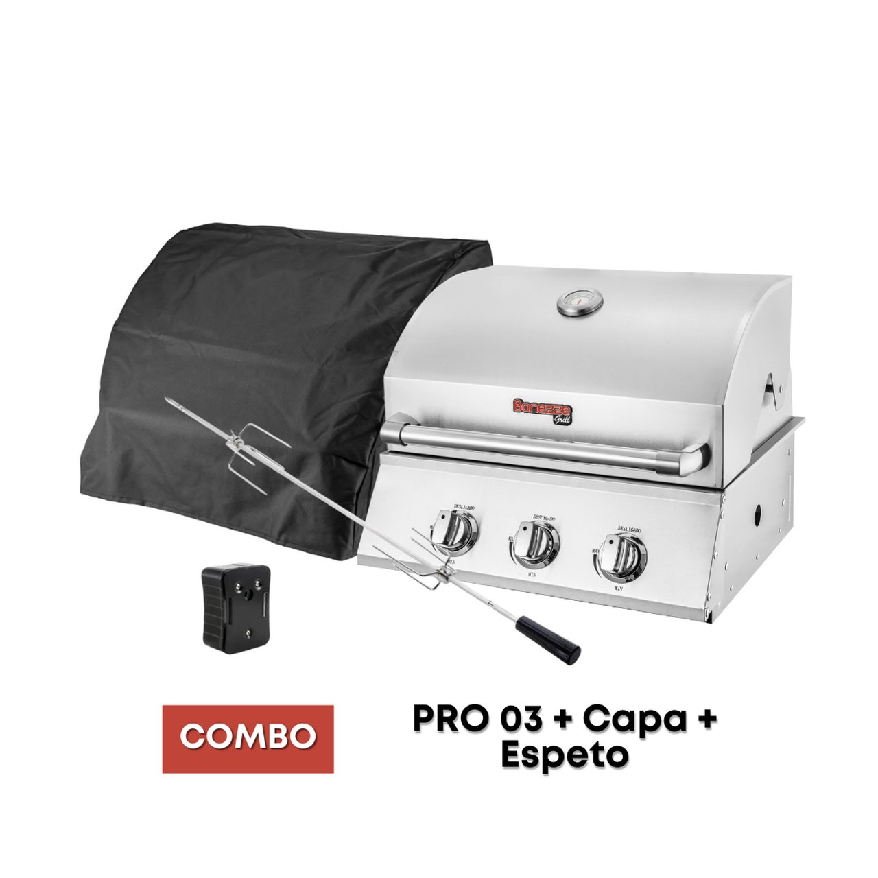 Combo Churrasqueira à Gás Bonezze Pro 3 + Capa + Espeto (Gás GLP ou Botijão) | MadeiraMadeira