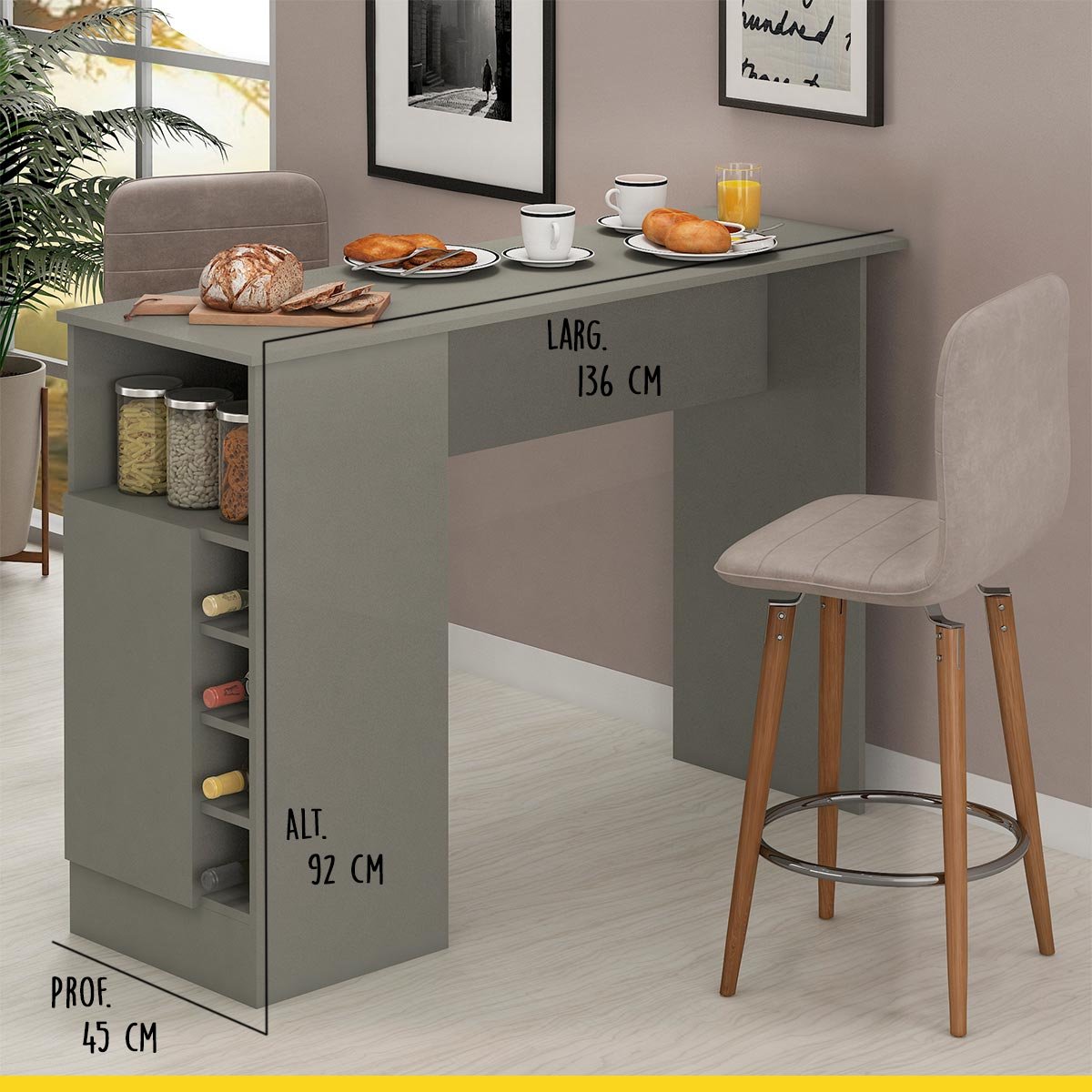 Bancada de Cozinha Mesa Gourmet 136 Cm Nicho Adega MDP Cinza - ClickLar | MadeiraMadeira