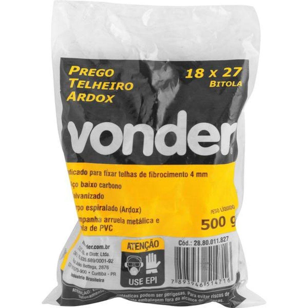 Prego Telheiro 18x27 Ardox Galvanizado com 0,5 Kg - Vonder | MadeiraMadeira
