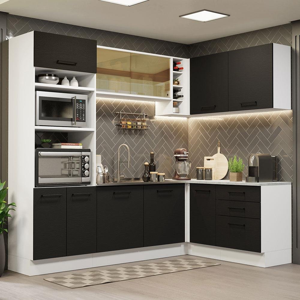 Armário de Cozinha Completa de Canto 399cm Branco Preto Agata Madesa 01 ...