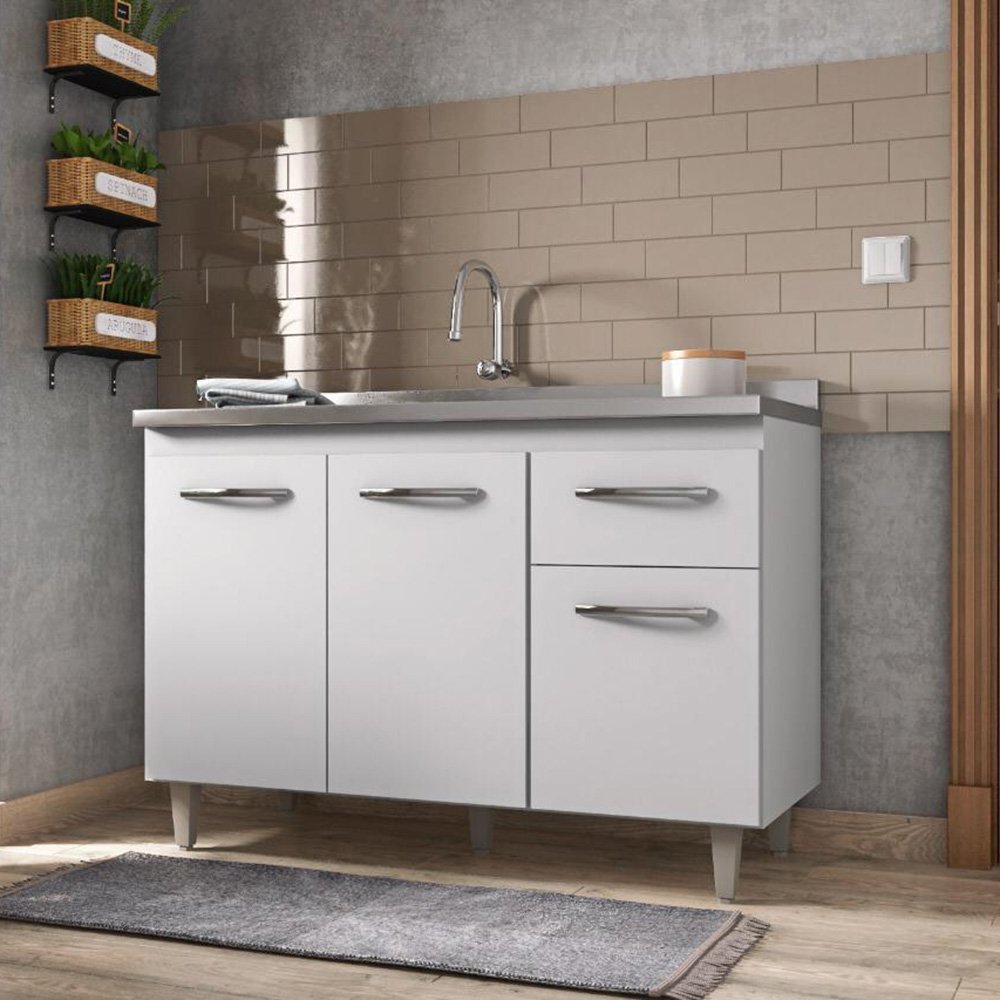 Balcão Cozinha Armário Gabinete para Pia de 120cm Anitta 3 Portas e 1 Gaveta Branco Frente ...
