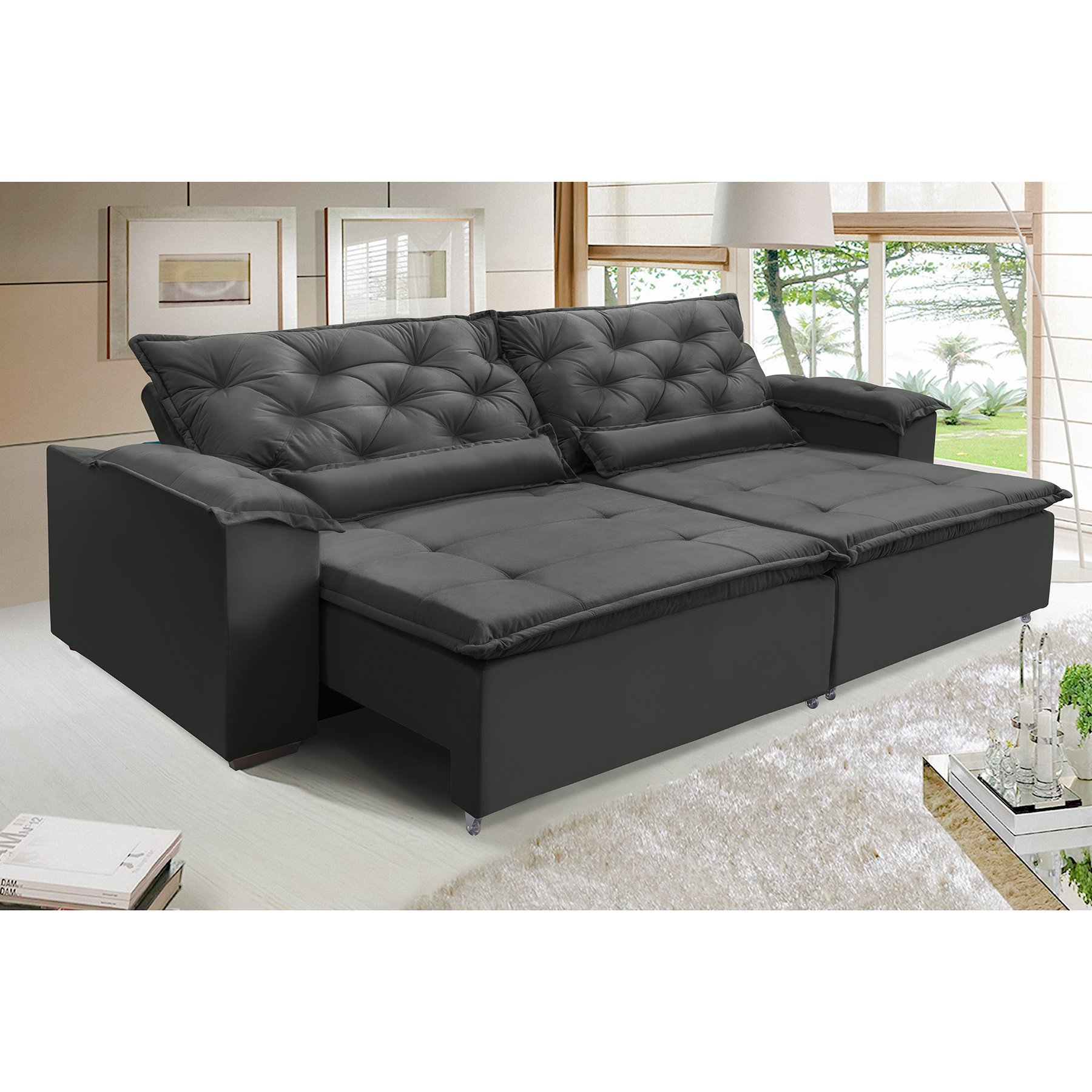 SOFÁ LISBOA RETRATIL E RECLINAVEL 2,32 MTS SUEDE CINZA SD ESTOFADOS | MadeiraMadeira