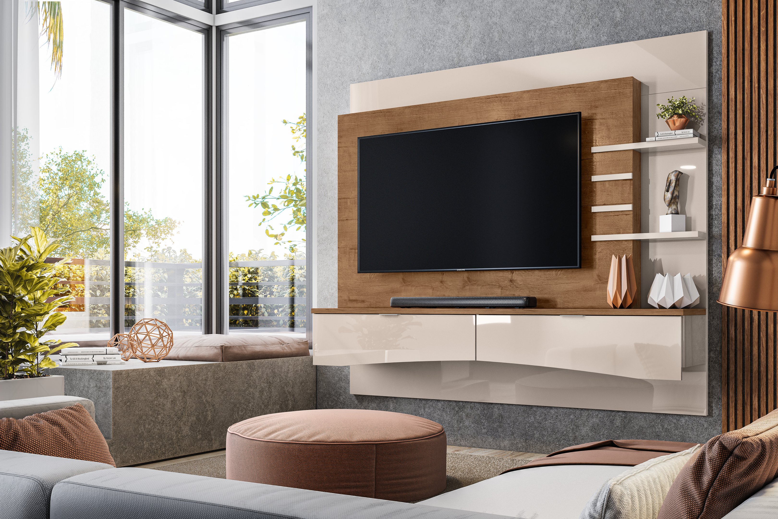 Painel Home Suspenso com Prateleira e Portas para TV até 55 Polegadas Gold Madero Canela/Off ...