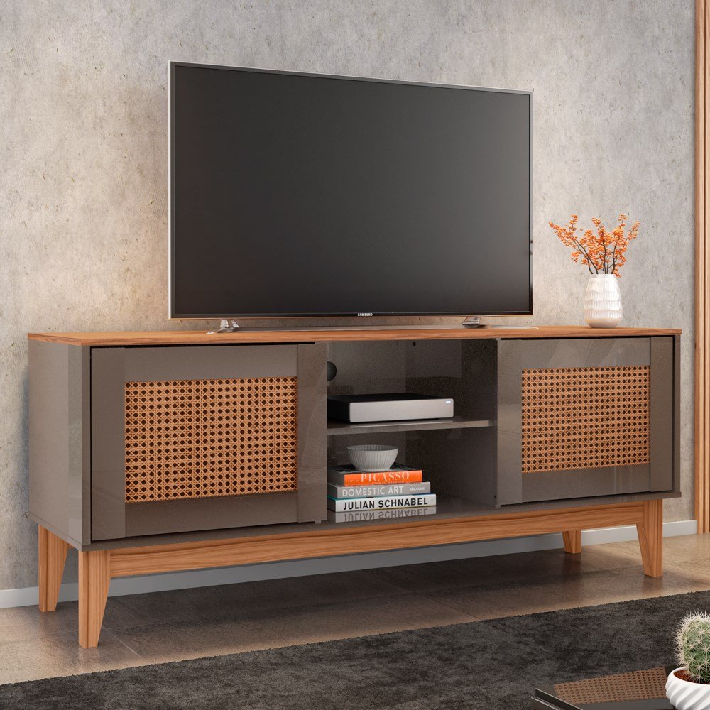 Rack Para Sala TV Até 60 Pol. 2 Portas 2 Nichos 1,35 Safira C14 Cinza Perola/ Noce - Mpozenato ...