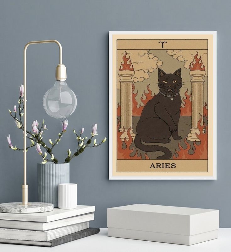 Quadro Carta Tarot Gato Signo Áries 45x34cm - com Vidro:madeira Branca ...