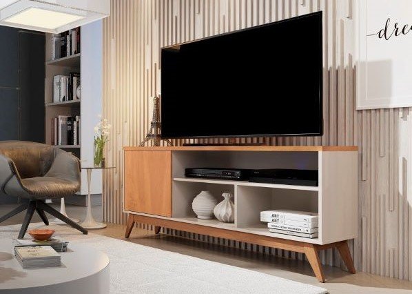 Rack Retrô TV Até 60 Polegadas Pés De Madeira 1 Porta E Nichos Malbec ...