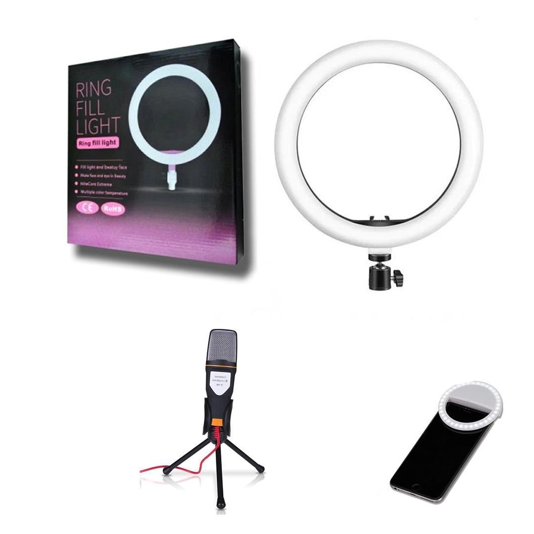 Kit Completo - Ring Light 6 Polegadas com Tripé 16cm + Microfone Condenser SF-666 + Mini Ring ...