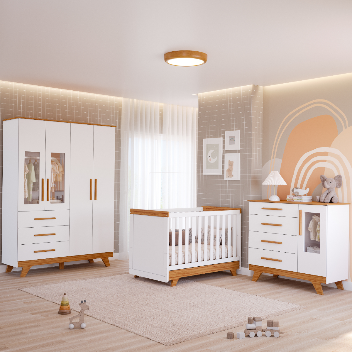 Quarto Bebê Retrô Janelado Completo com Guarda Roupa 4 Portas Berço ...