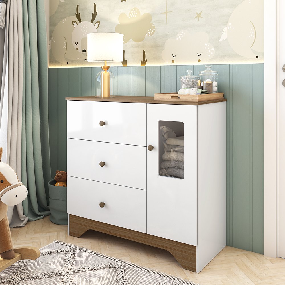 Cômoda Infantil 1 Porta com Janela Retangulo e 3 Gavetas 100% MDF ...