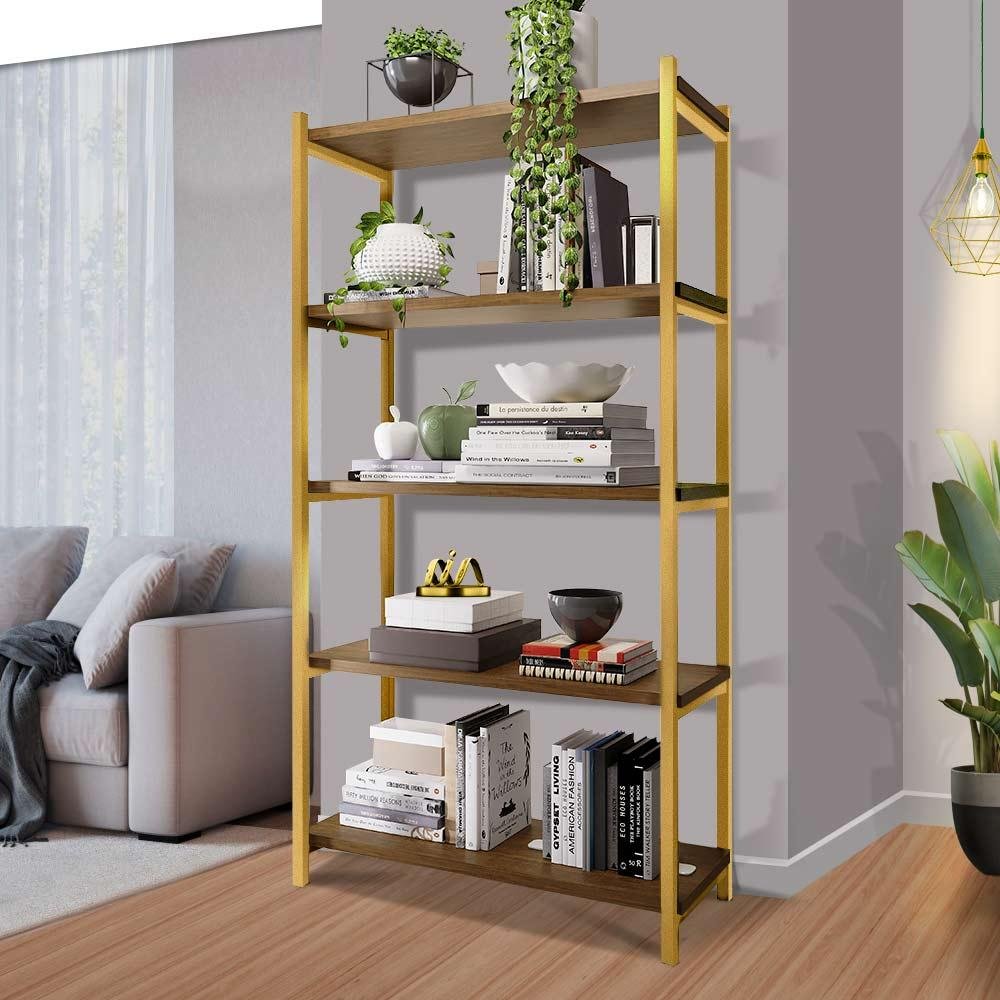 Estante Industrial Em Aço 5 Prateleiras 90 cm Imbuia Dourado Garen Shop ...