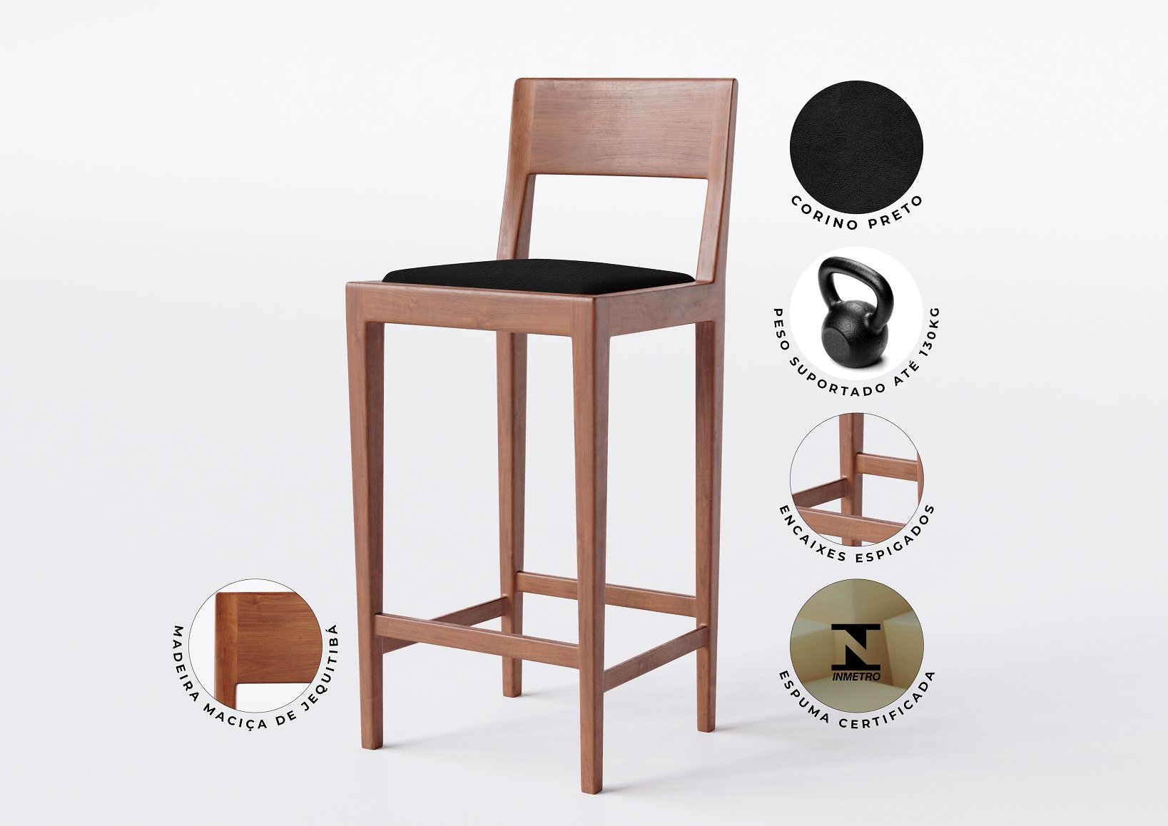 Banqueta Alta de Madeira Maciça Com Encosto Para Cozinha e Área Gourmet ...