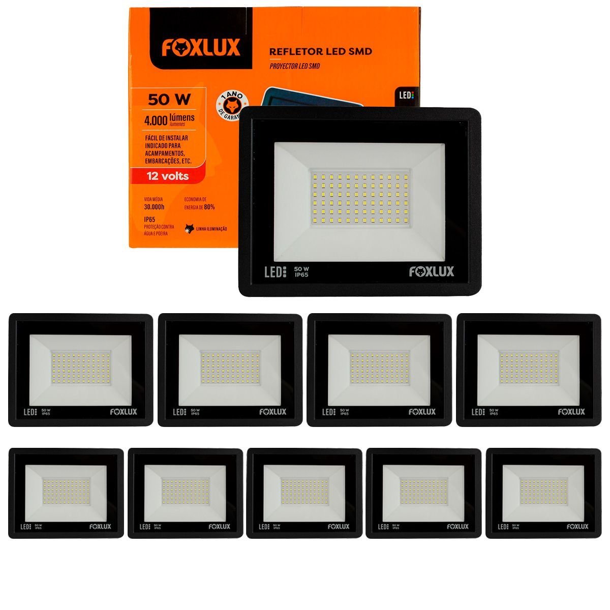 Kit 10 Refletor Led 50w 6500k 12v Ip65 Foxlux | MadeiraMadeira