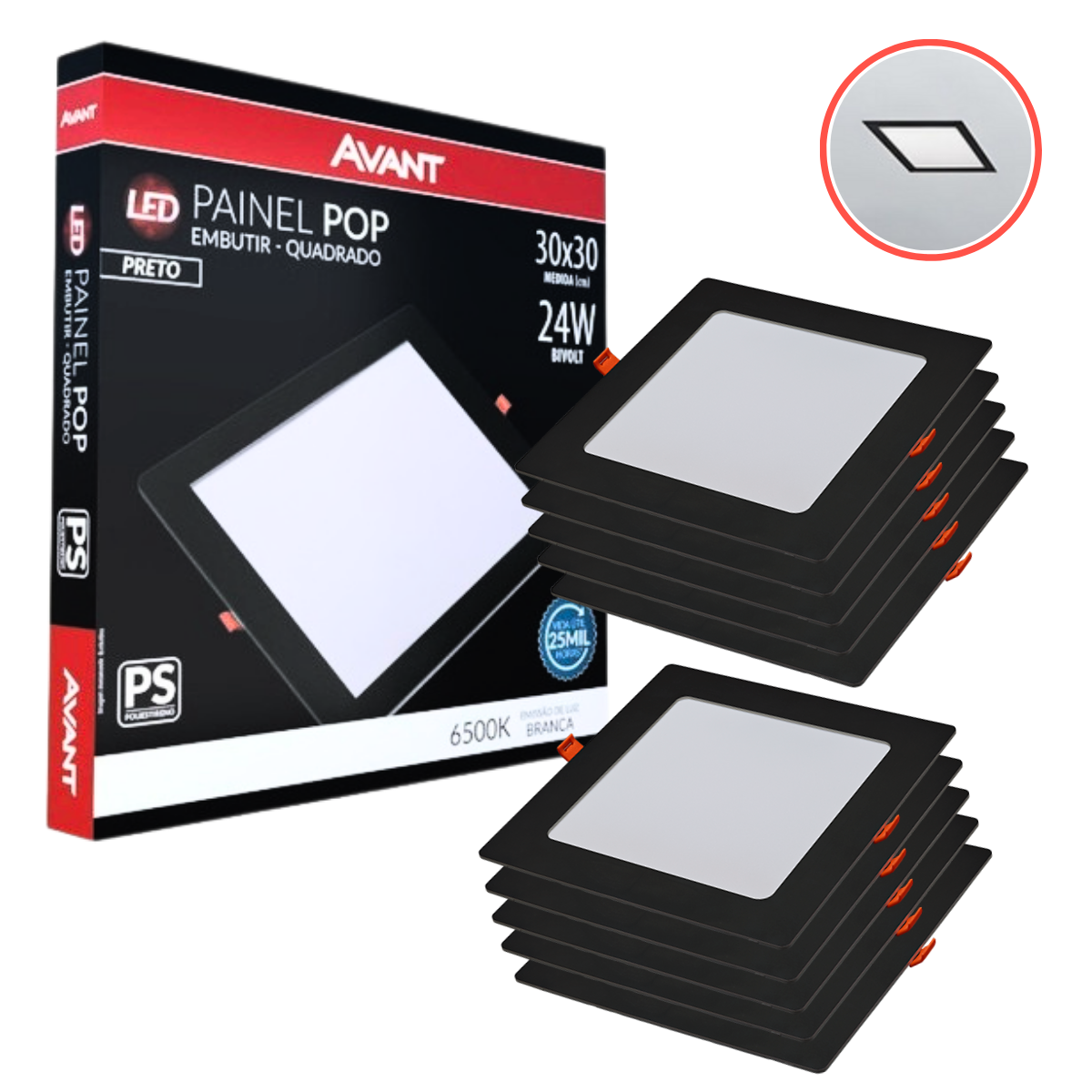 Kit 10 Painel Embutir Avant Pop Preto 6500k 24w 30x30cm | MadeiraMadeira