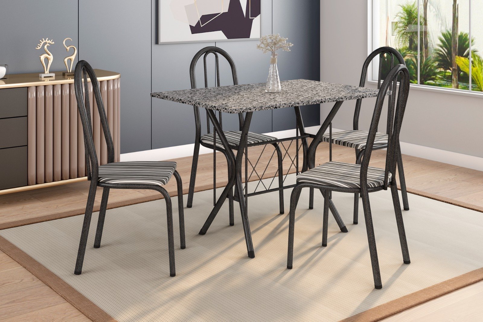 Kit Sala de Jantar Luxo Bruna Mesa + 04 Cadeiras Estofadas:Tampo ...