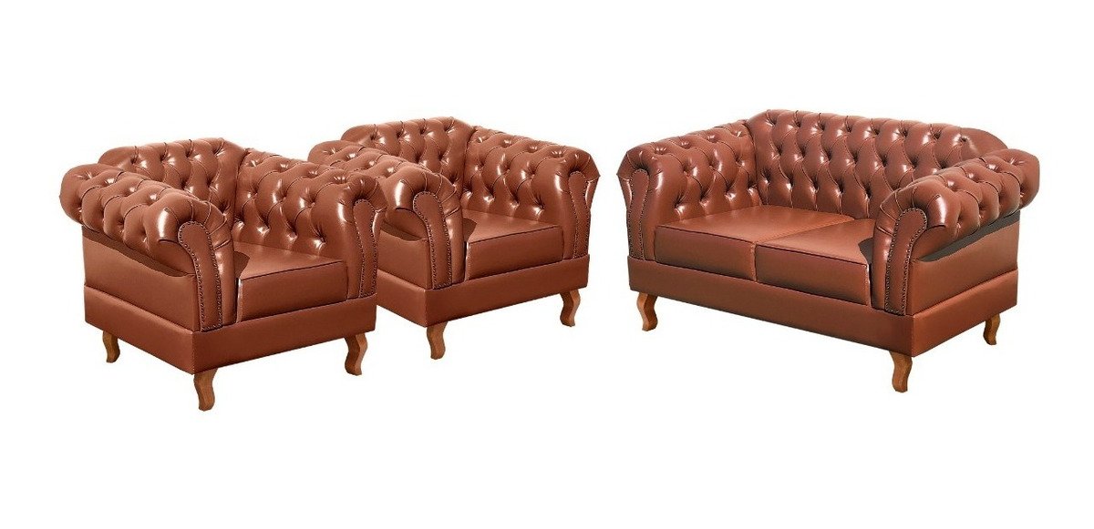 Sofá 2 Lugares Com 2 Poltronas Chesterfield Capitonê Dom Pedro - Couríssimo Marrom Caramelo ...