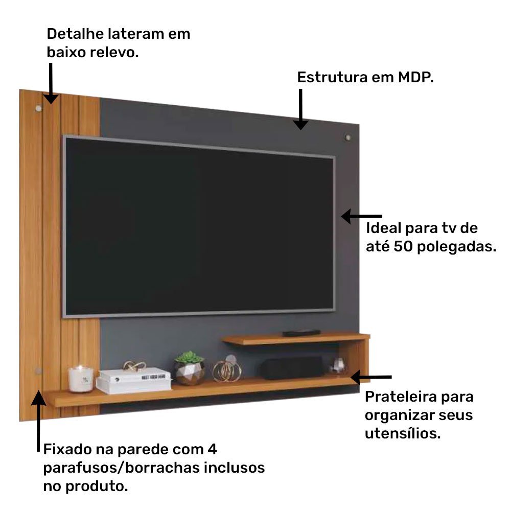 Painel para Tv até 50" com prateleira Dunas Permobili Grafite/Nature ...