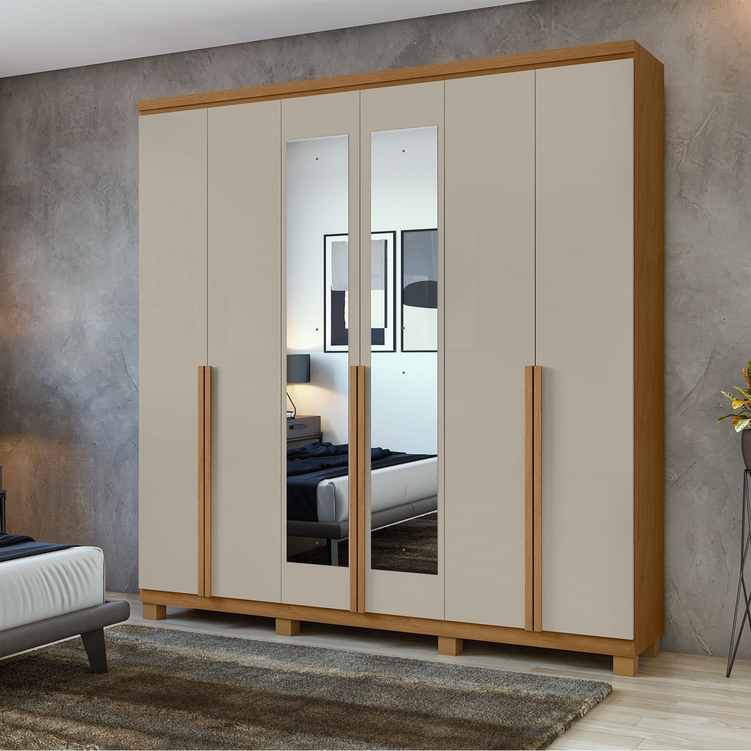 Guarda-roupas Alonzo 6 Portas C/esp e C/pes Pvc Amendoa Clean/off White ...