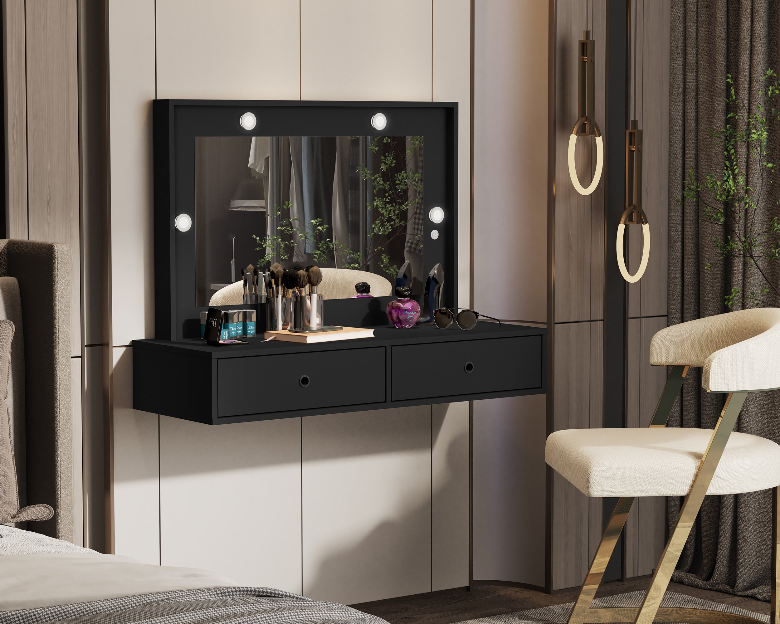 Penteadeira Camarim Preta 1 Metro 2 Gavetas Maquiagem Lua | MadeiraMadeira