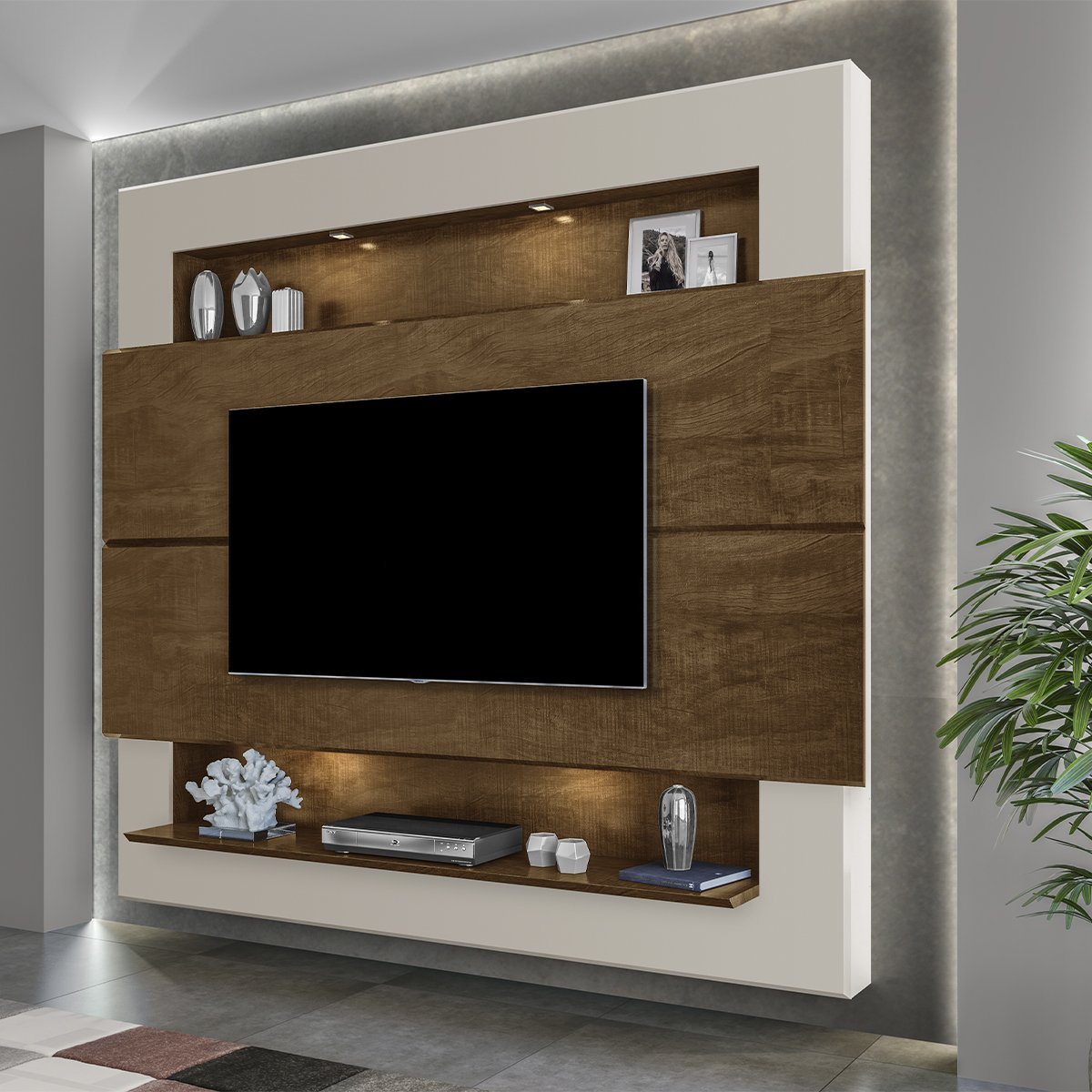 Painel Moderno para TV 217 cm com Luz de LED Malbec/Off White ...