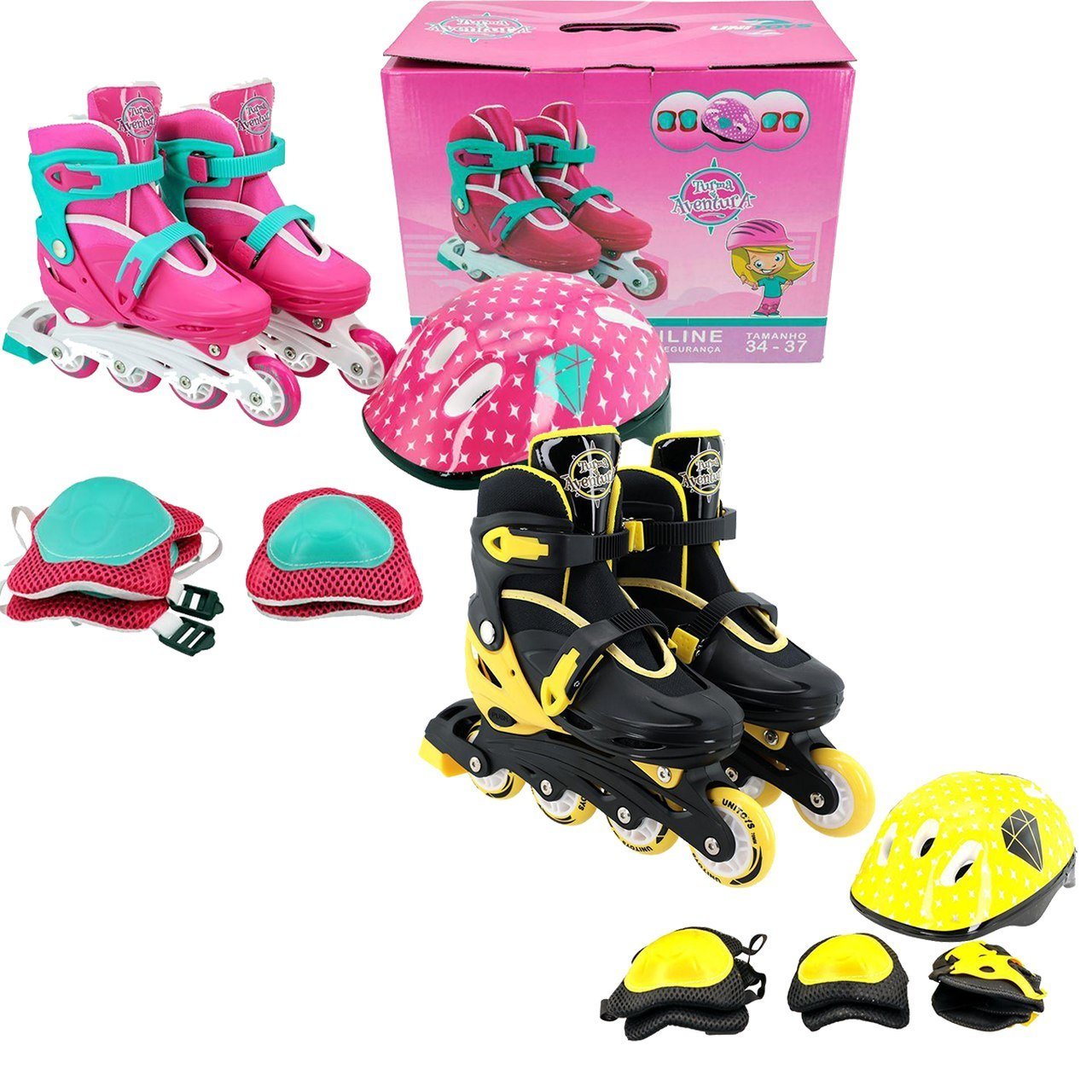 kit 2 Patins Infantil Inline c/ 2 Kit Proteção Preto e Rosa Unitoys ...